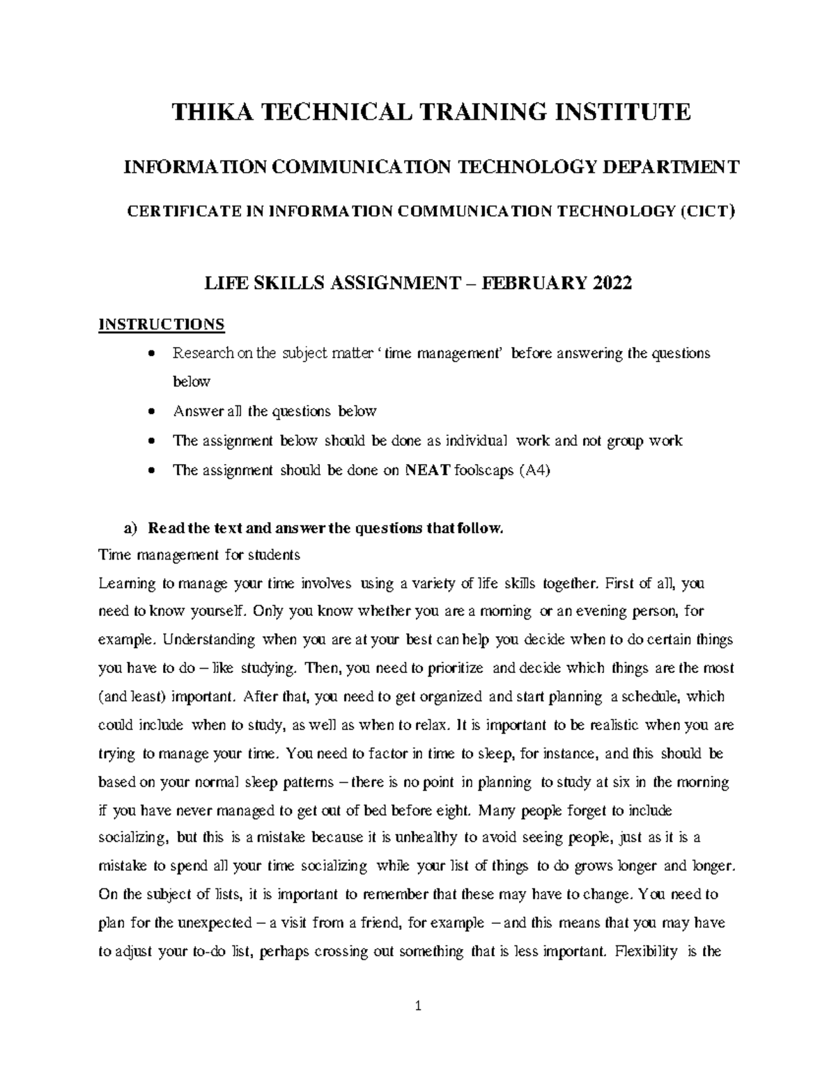 Life skills assignment Feb 22 - CICT - 1 THIKA TECHNICAL TRAINING ...