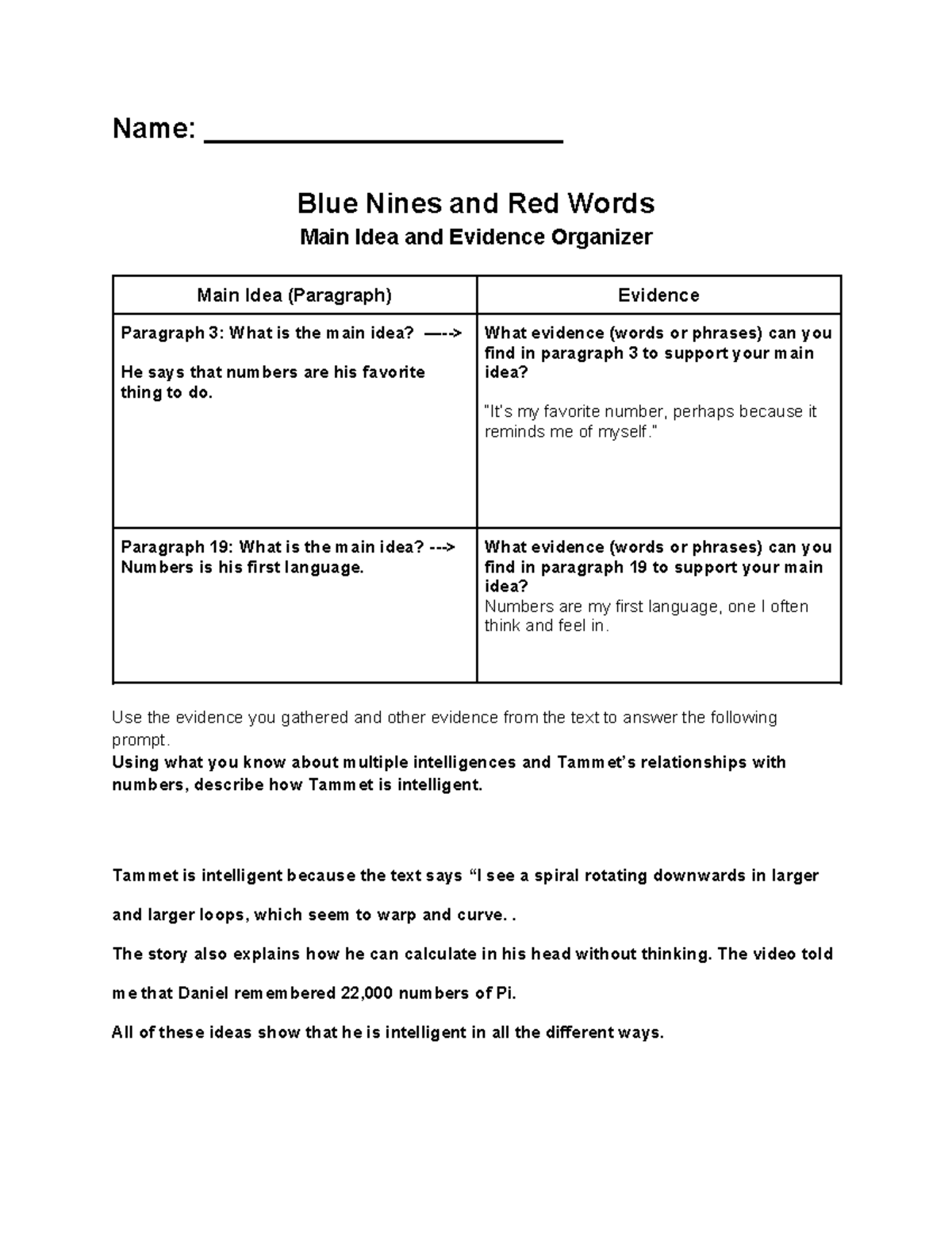 Copy of Blue Nines and Red Words - Graphic Organizer Main Idea - Name