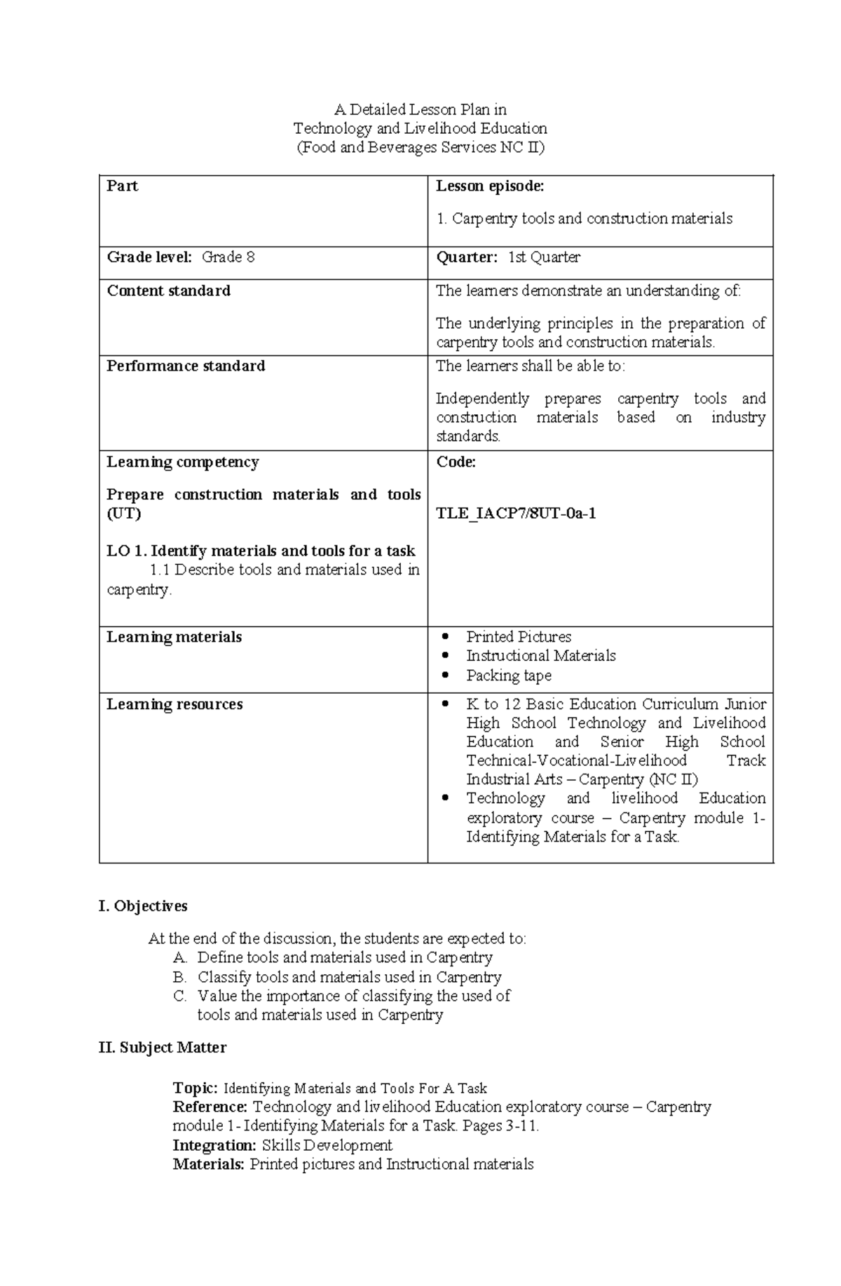 DLP IN Carpentry FOR DT 023902 - A Detailed Lesson Plan in Technology ...