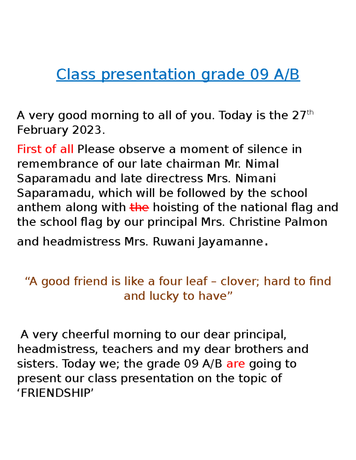 Class Presentation - Basics to - Class presentation grade 09 A/B A very ...