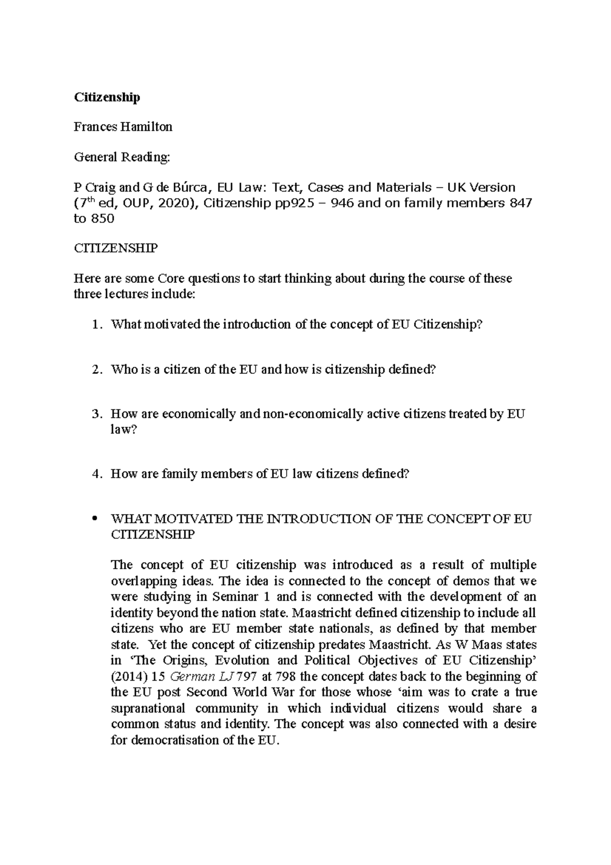EU Citizenship Lecture Handout - Citizenship Frances Hamilton General ...