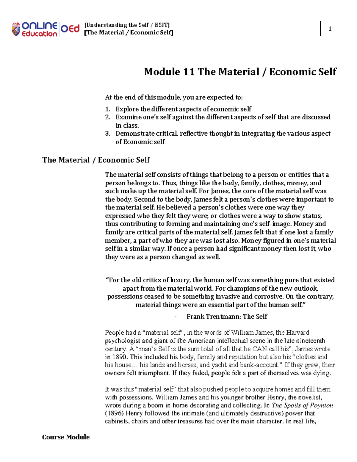 Material economic self - [Understanding the Self / BSIT] [The Material ...