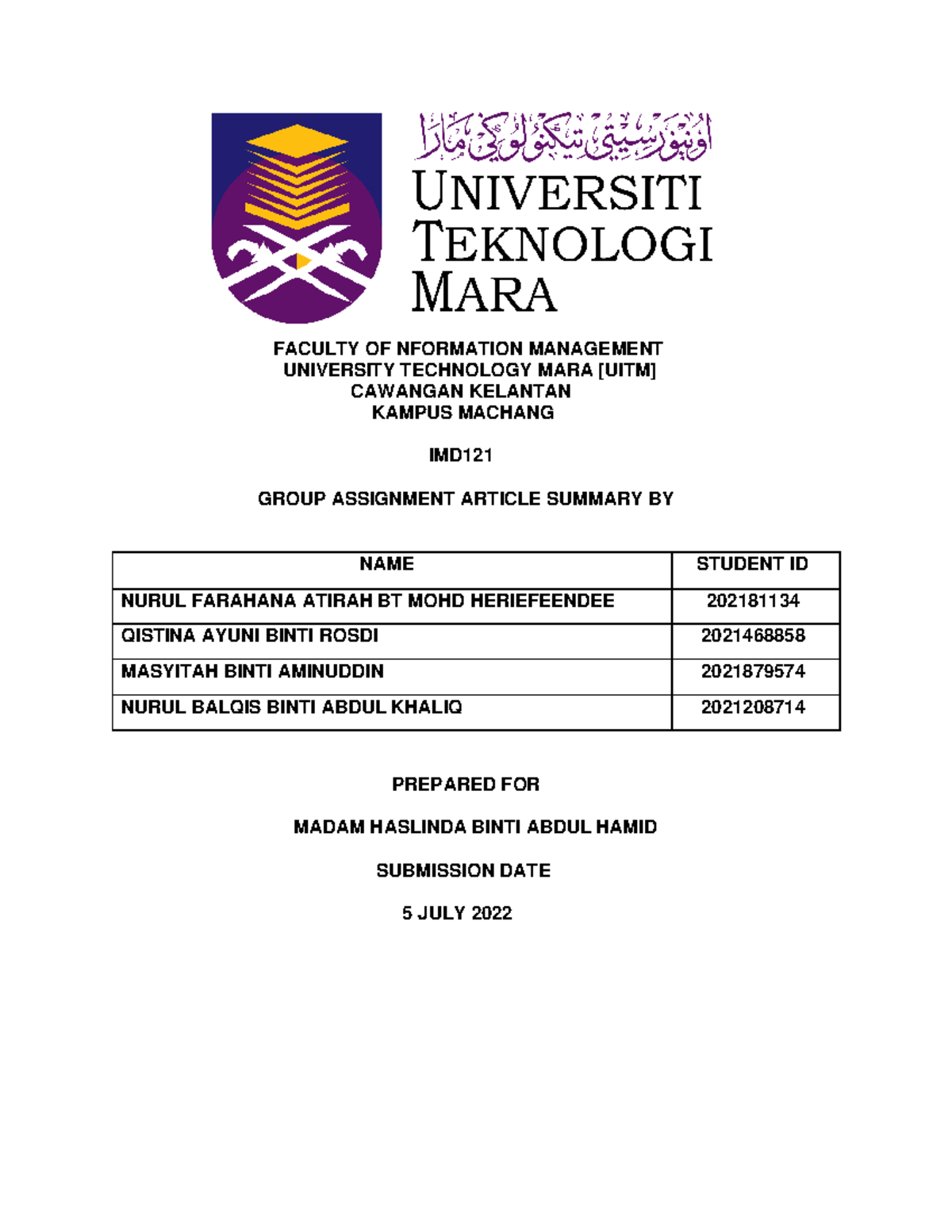 Article Summary 2 - FACULTY OF NFORMATION MANAGEMENT UNIVERSITY ...