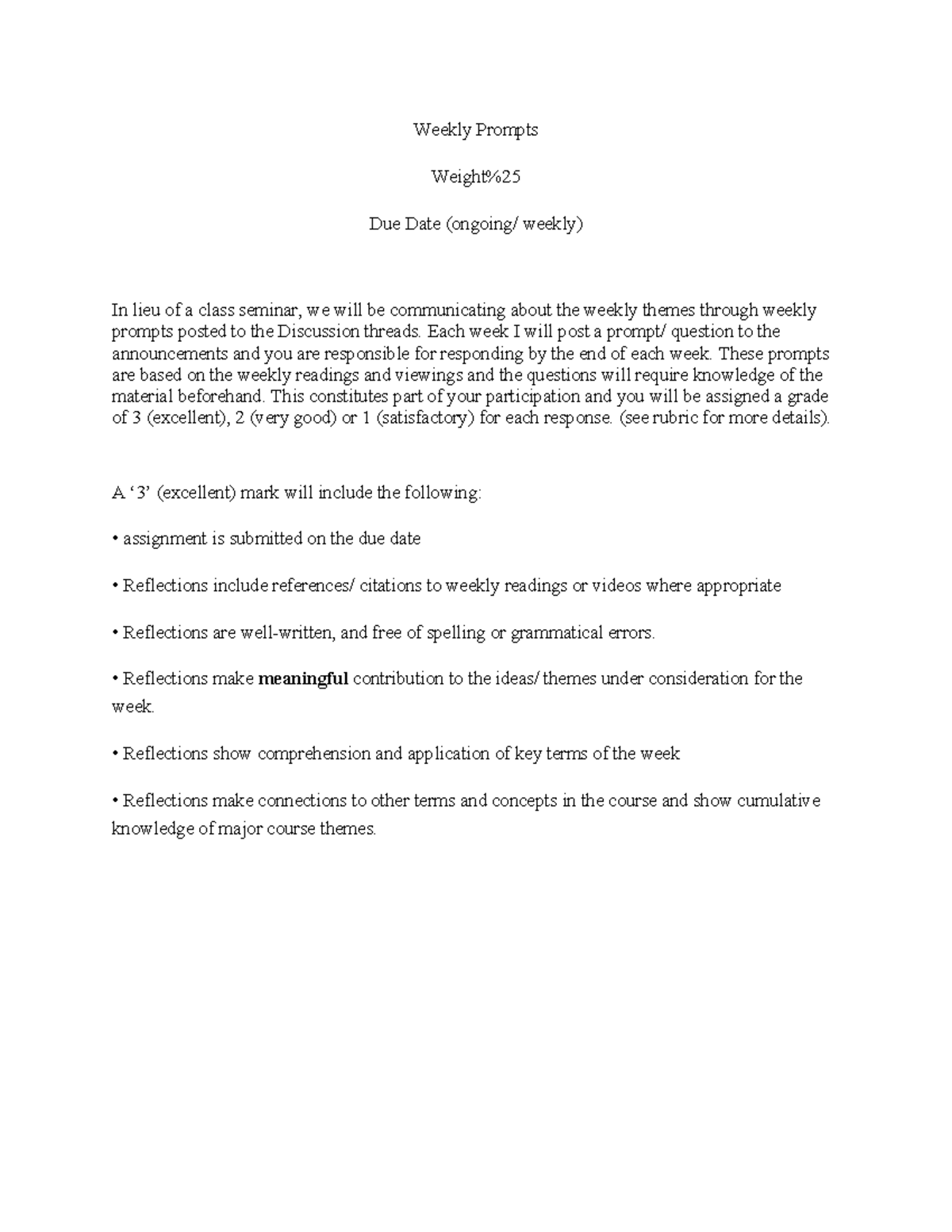 Weekly Prompt Assignment - Weekly Prompts Weight% Due Date (ongoing ...