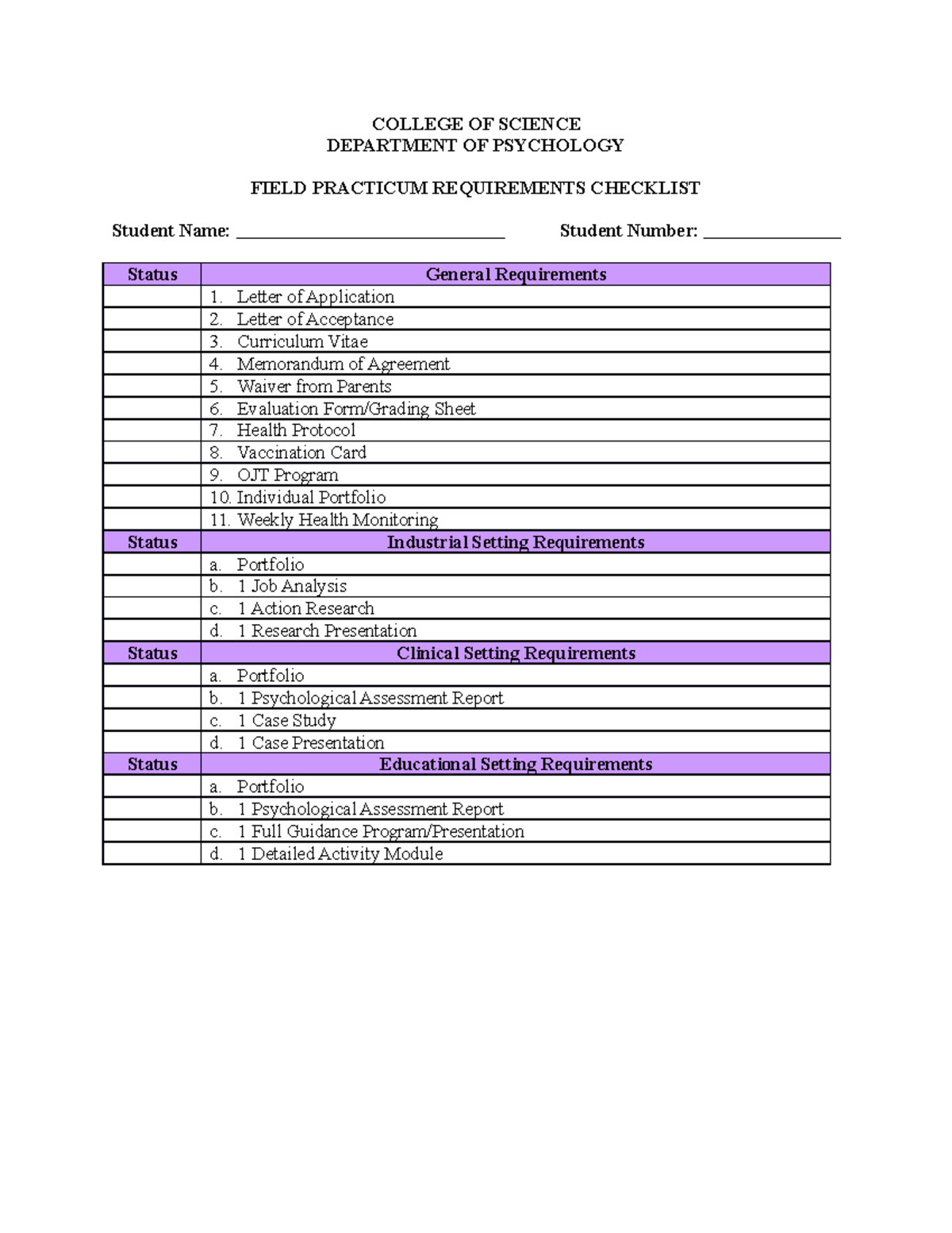 Field Practicum Requirements Checklist-1 - COLLEGE OF SCIENCE ...