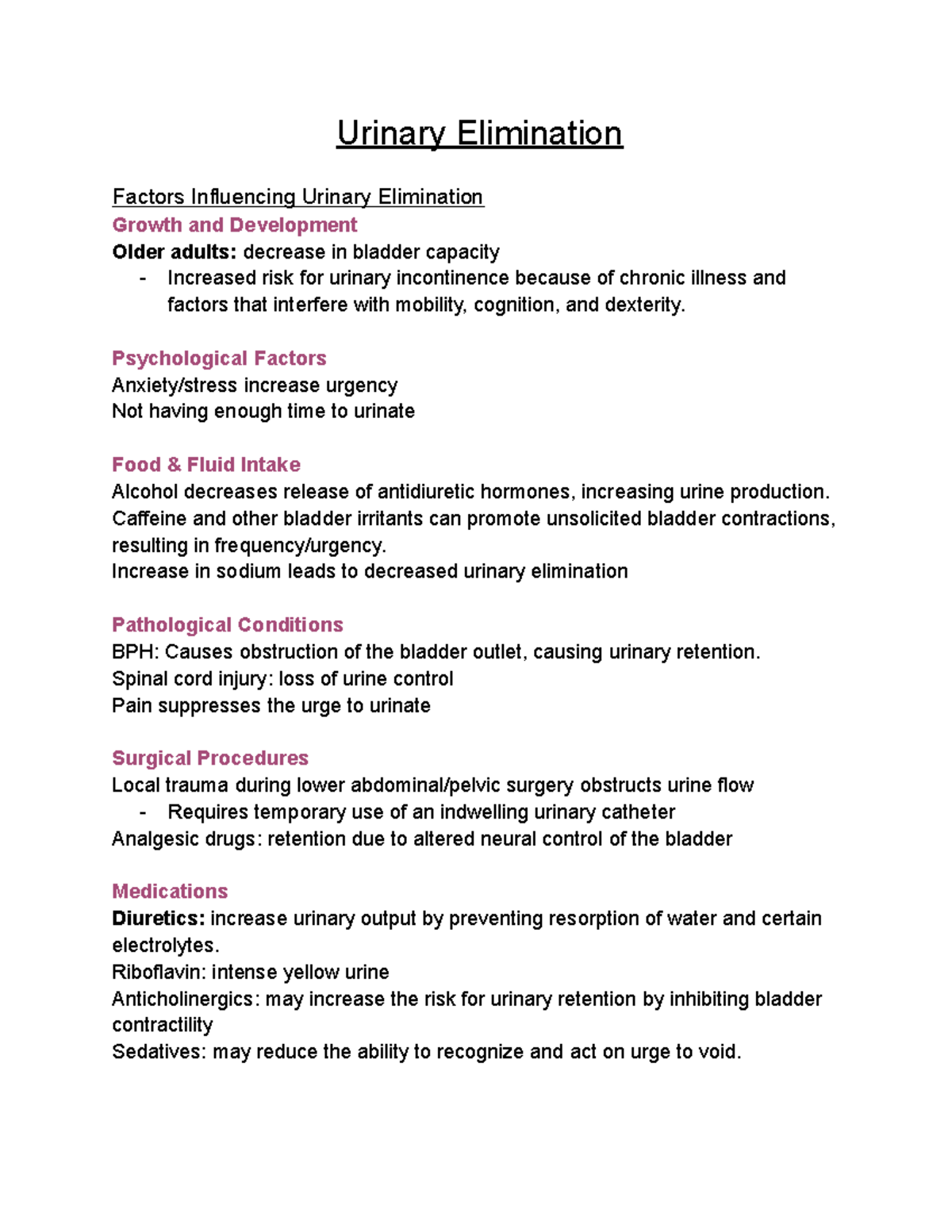 Urinary Elimination Notes - Urinary Elimination Factors Influencing ...