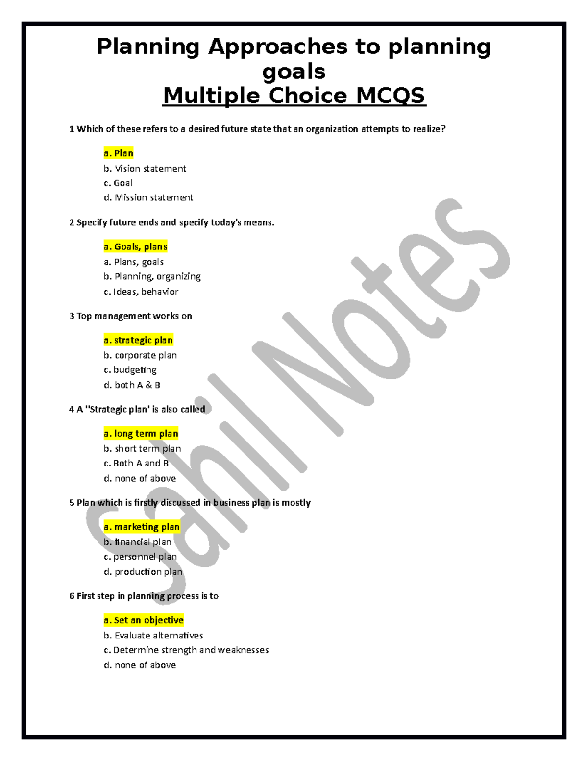 Multiple Choice Questions - Planning Approaches to planning goals ...