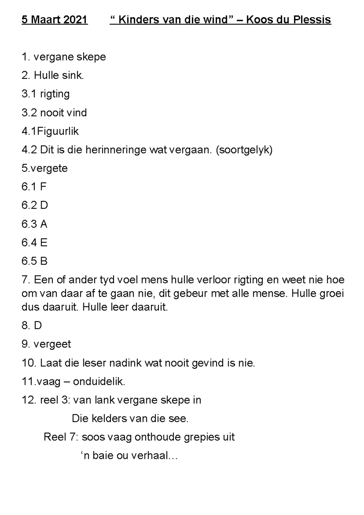Kinders van die wind - Memorandum (Gr 10) - 5 Maart 2021 “ Kinders van ...