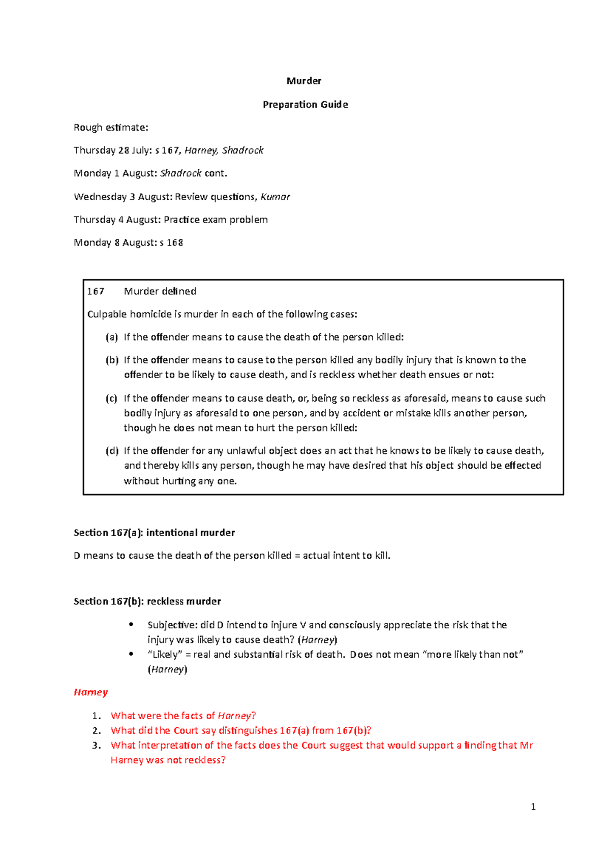 Murder prep guide - Murder Preparation Guide Rough estimate: Thursday ...