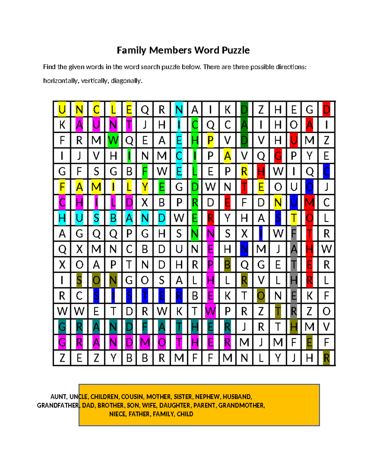 Family members word puzzle - Family Members Word Puzzle Find the given ...