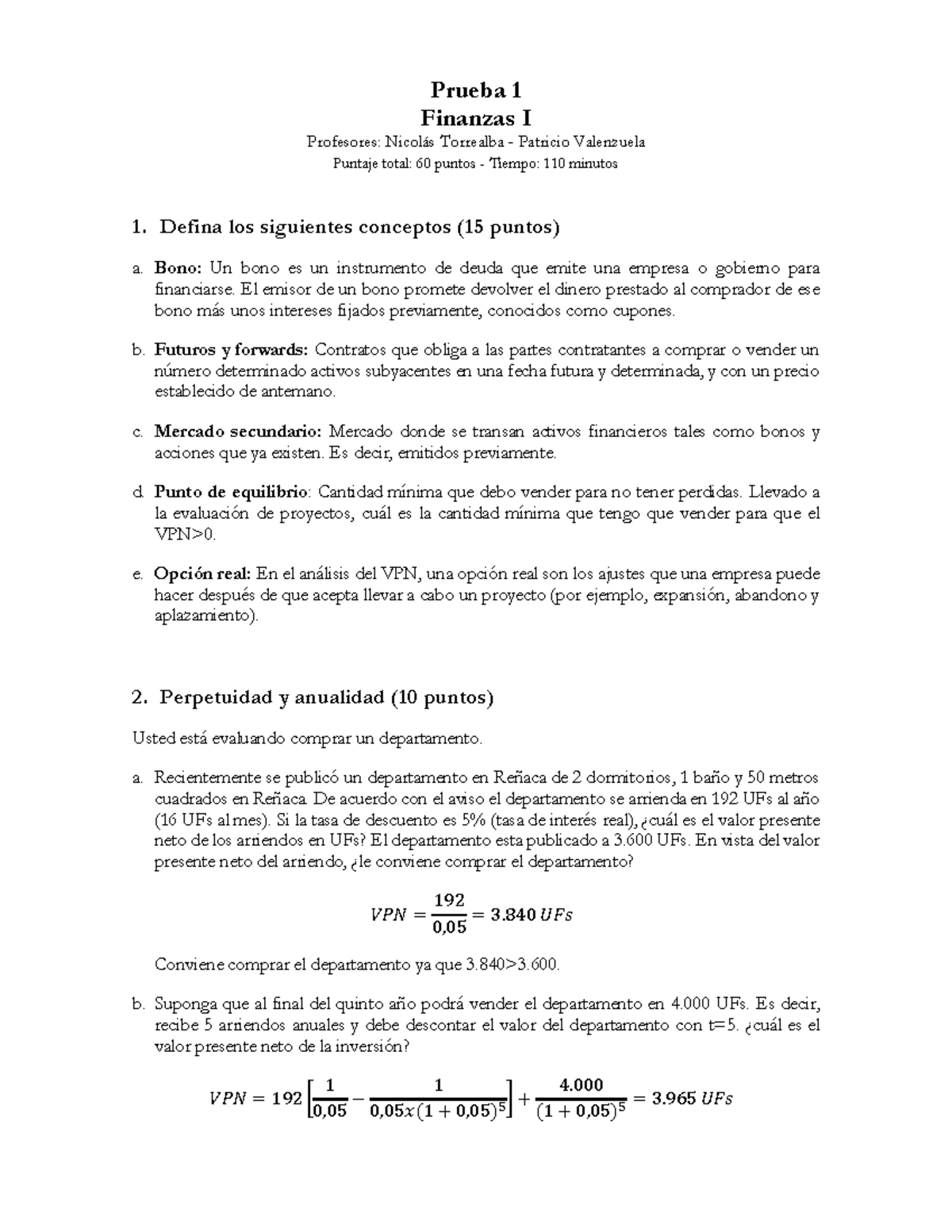 Pauta Prueba 1 (2er semestre 2023) - Prueba 1 Finanzas I Profesores: Nicolás Torrealba ...