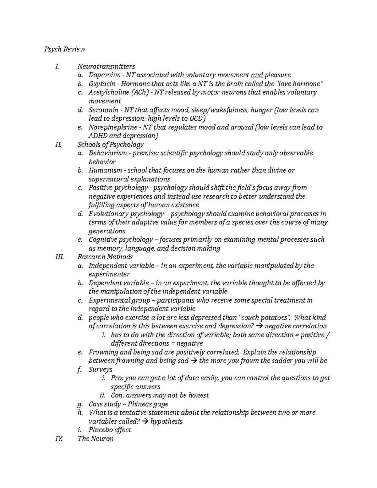 Psych Review - Exam 1 - Psych Review I. Neurotransmitters a. Dopamine ...