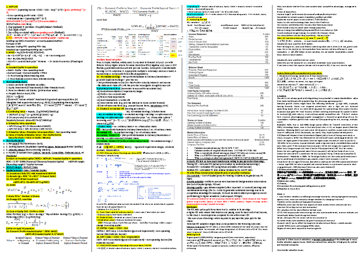 7044cheat-1106 - cheatsheet - 1. NOPLAT: • operating EV = Market value ...