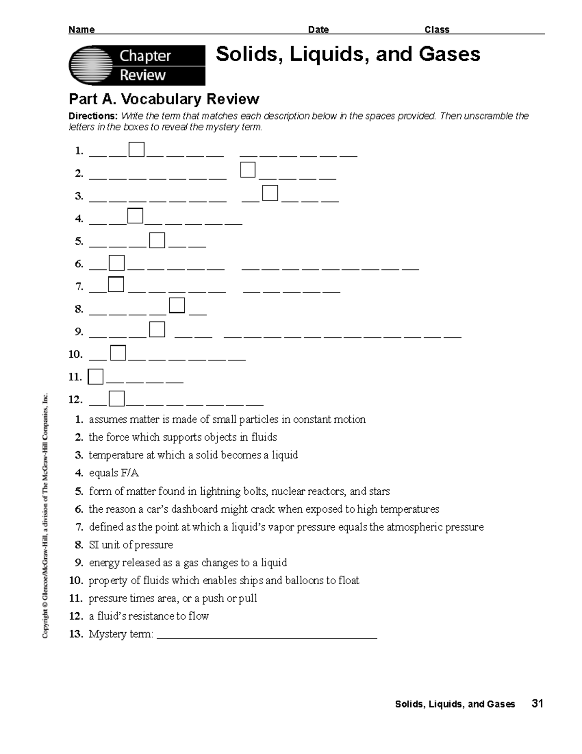 Chapter Review Solids Liquids And Gases Editable Name Date Class Part