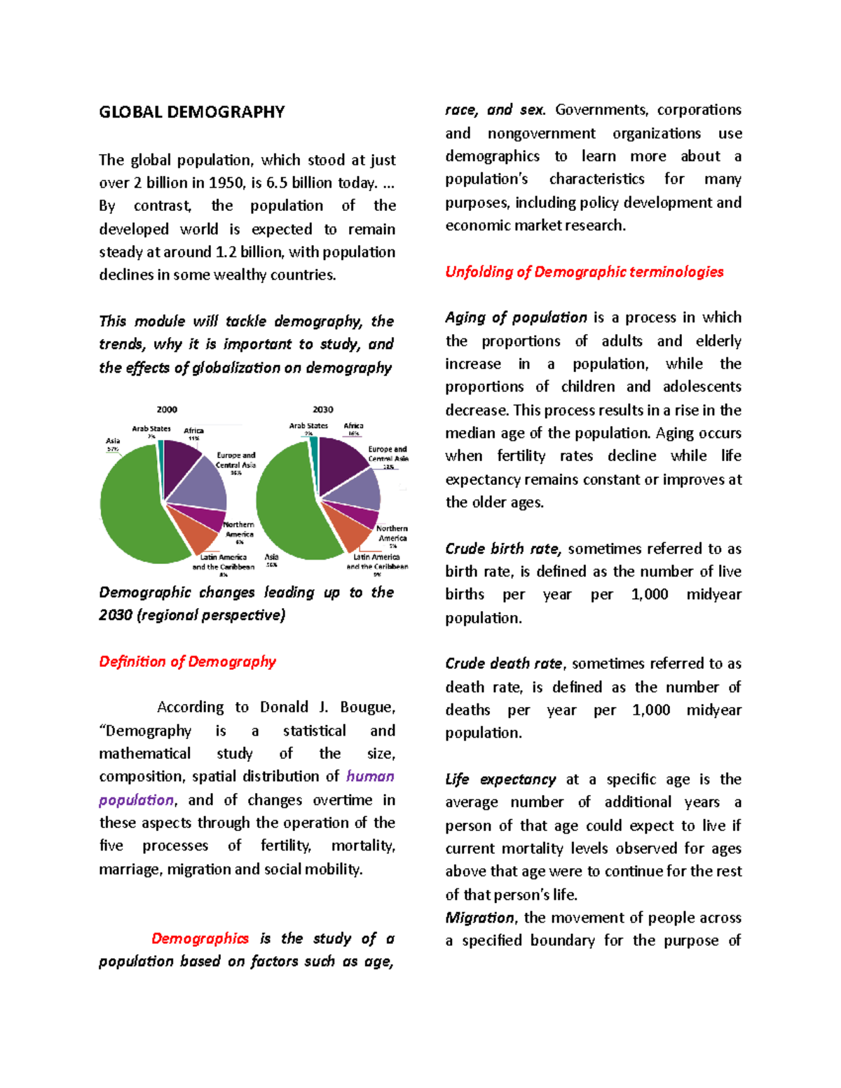 Finals lectures of Contemporary world - GLOBAL DEMOGRAPHY The global ...