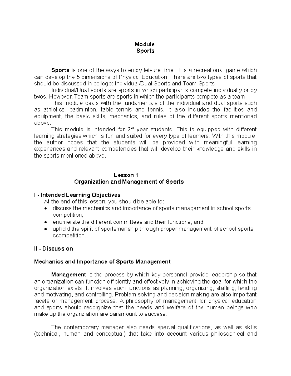 PE 3 Module on Sports - Module Sports Sports is one of the ways to ...