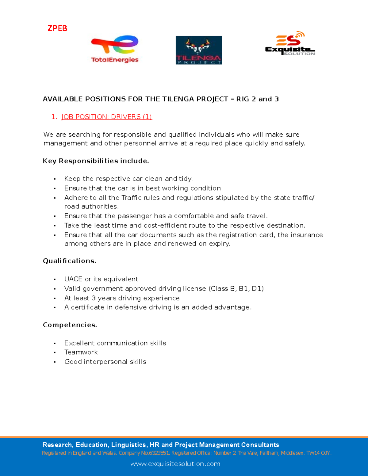 Available Positions FOR THE Tilenga Project AUG 2023 - AVAILABLE ...