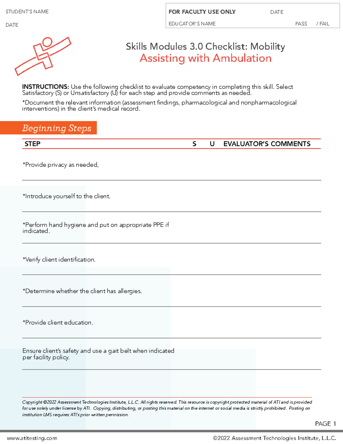 Skills Checklist Mobility Ambulation - PAGE 1 Copyright ©2022 Assessment Technologies Institute ...