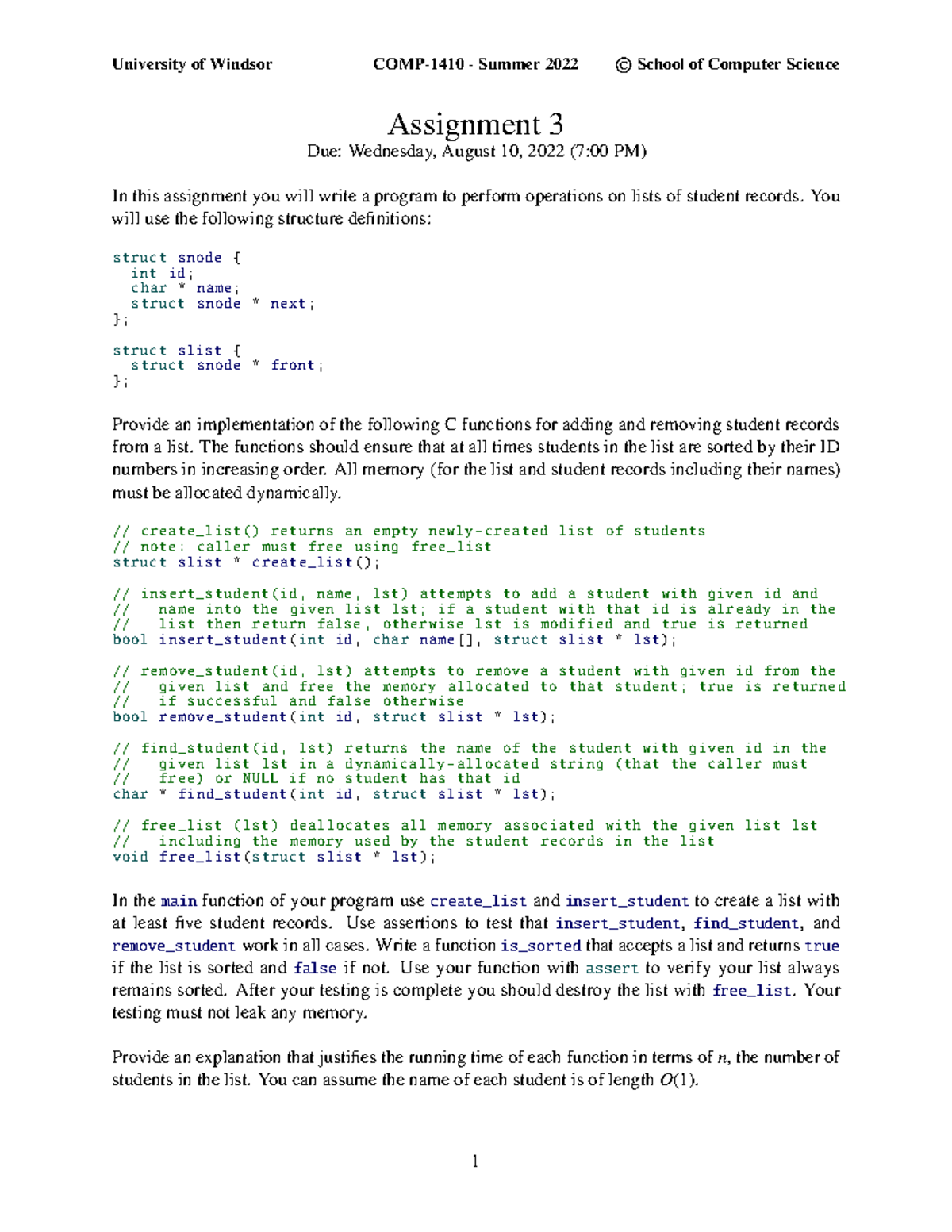 A3 - COMP 1410 Assignment 3 - University of Windsor COMP-1410 - Summer 2022 ©School of Computer ...