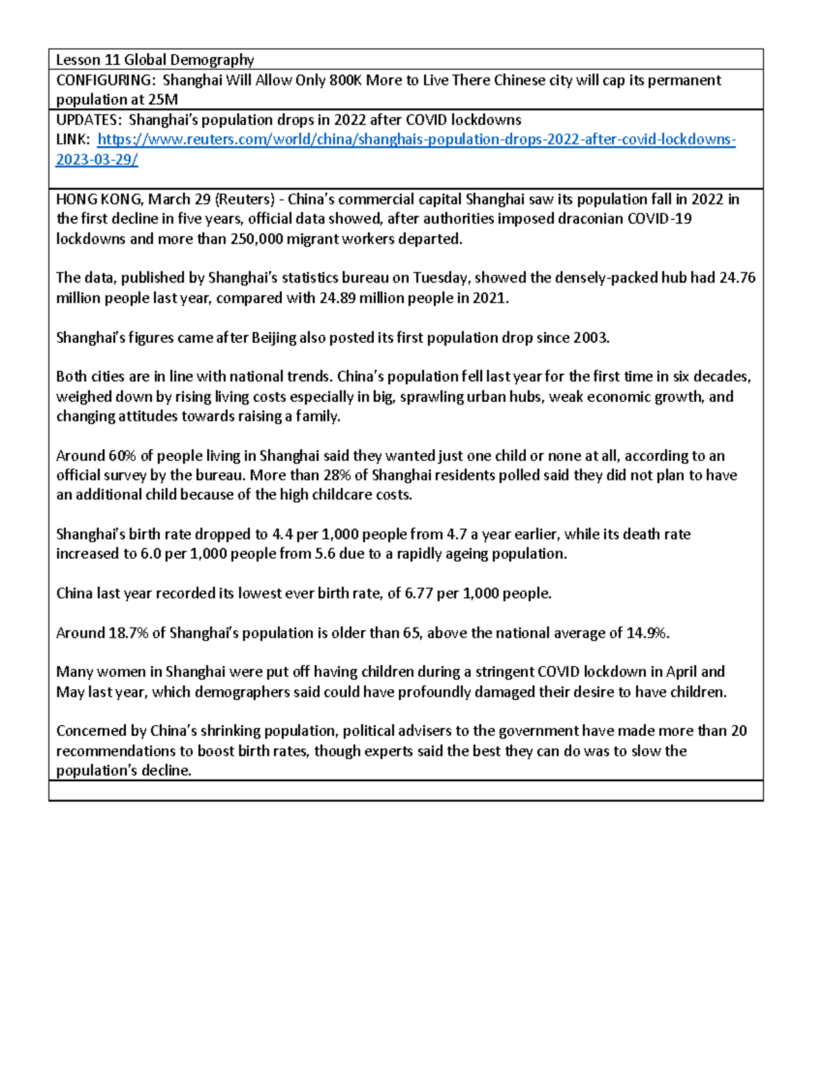 tcwd configureeee - Lesson 11 Global Demography CONFIGURING: Shanghai ...