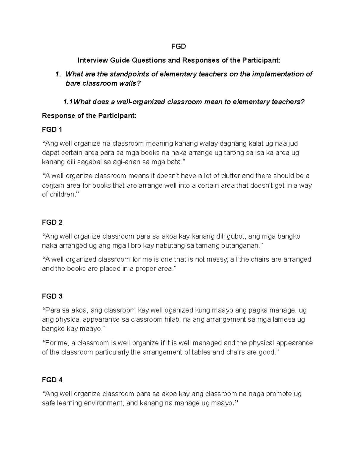 FGD Transcribe - FGD Interview Guide Questions and Responses of the ...