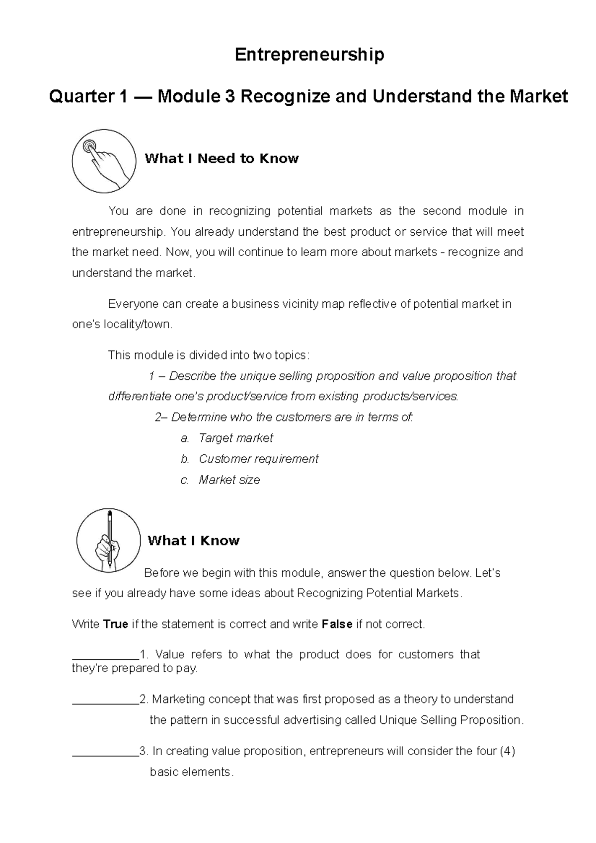 0 03 Entrepreneurship Q1 Module 3 Recognize and Understand the Market ...