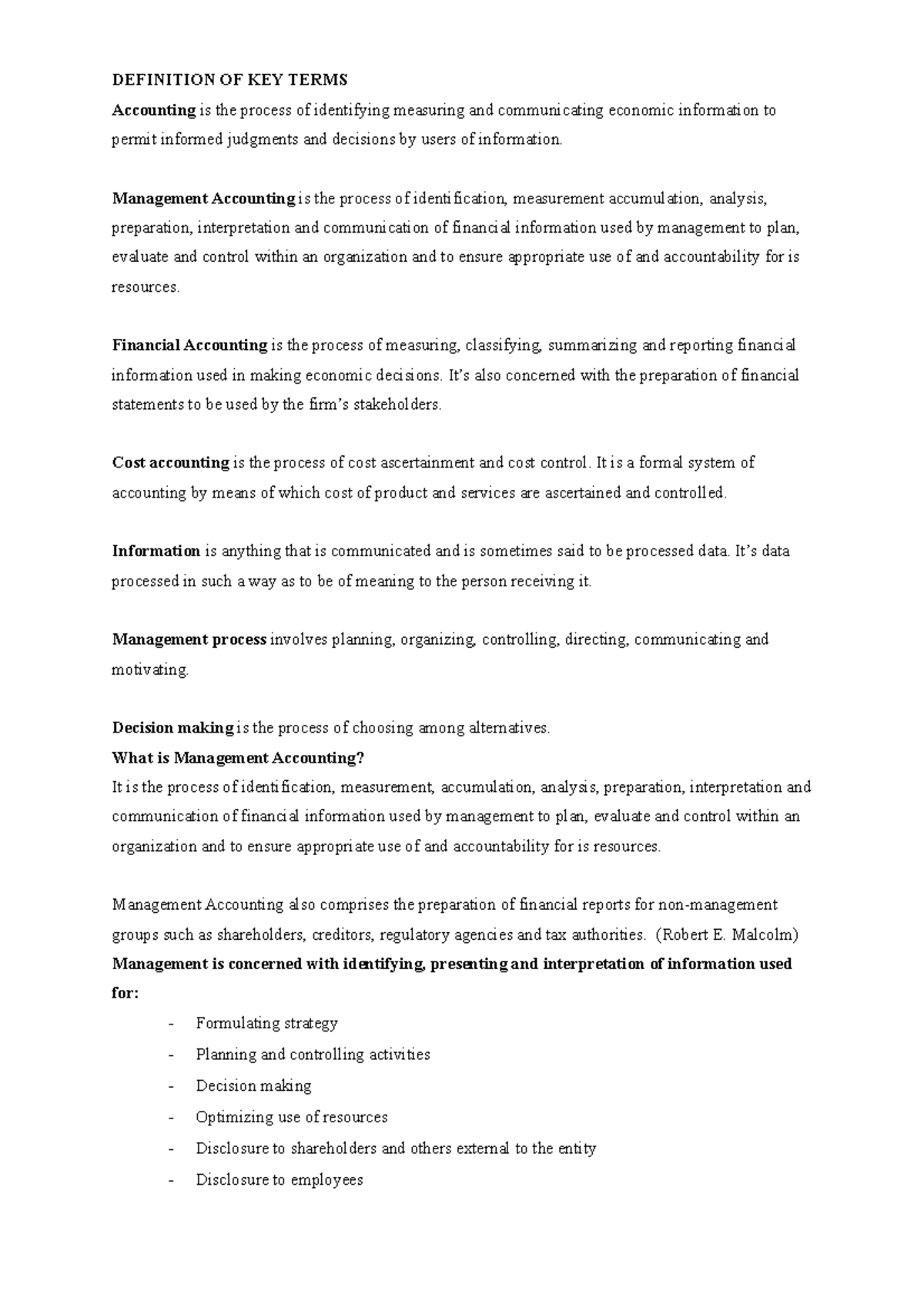 Management Accounting 1 - DEFINITION OF KEY TERMS Accounting is the ...