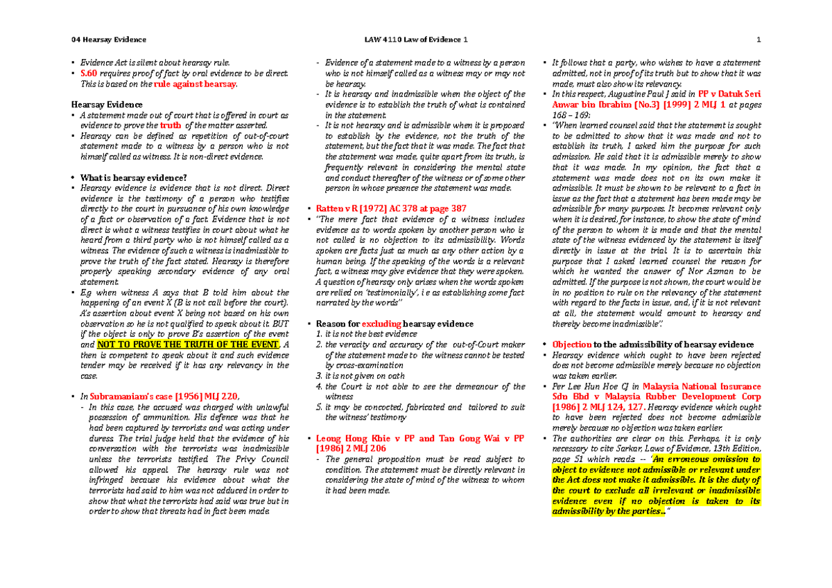 Law 4110 - 04 Hearsay Evidence - Evidence Act is silent about hearsay ...