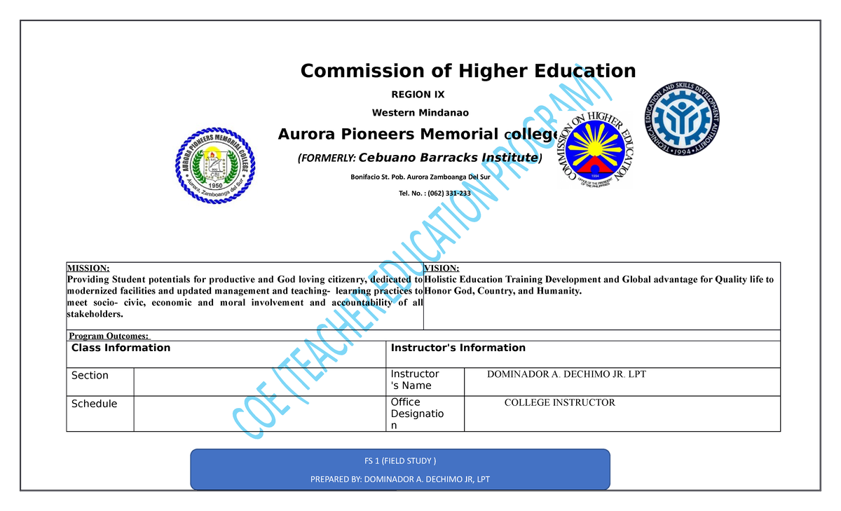 FS ( Field Study ) 1 Course Syllabi - Commission of Higher Education ...