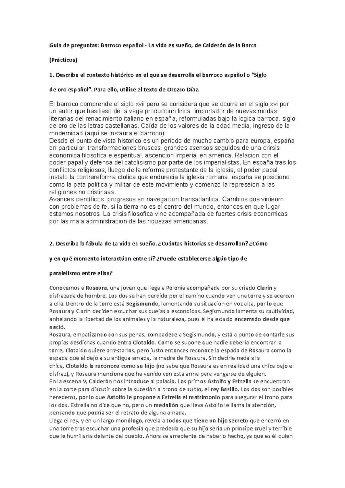 Guía de preguntas la vida es un sueño - Guía de preguntas: Barroco ...