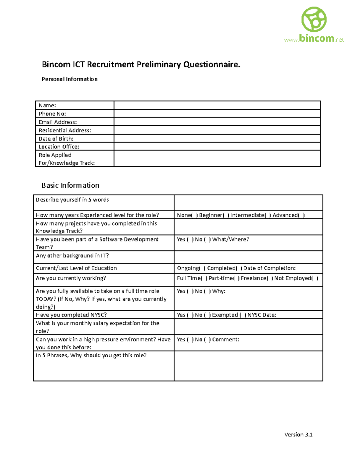 Bincom Preliminary Interview Questionnaire v3 - Bincom ICT Recruitment ...