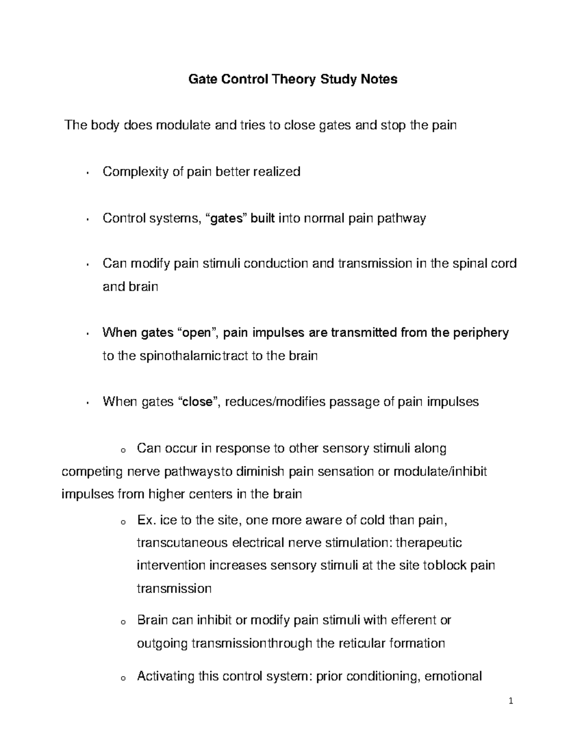 Gate Control Theory Example