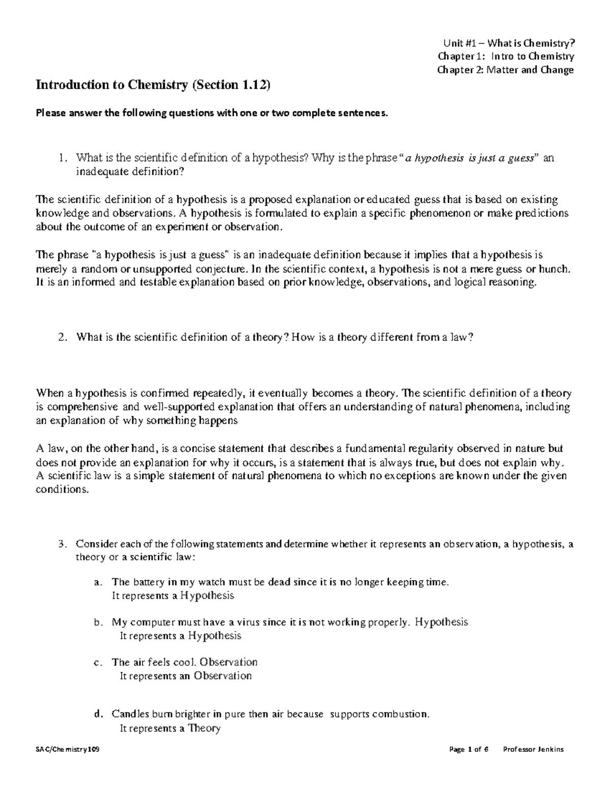 Homework - Chapter 1 - Chapter 1: Intro to Chemistry Chapter 2: Matter ...