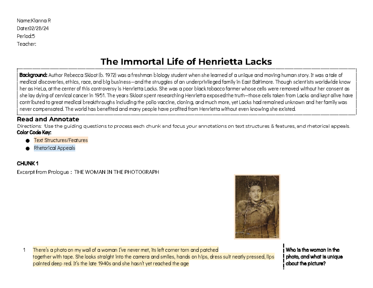 Copy of The Immortal Life of Henrietta Lacks Close Read - Name:Kianna R ...