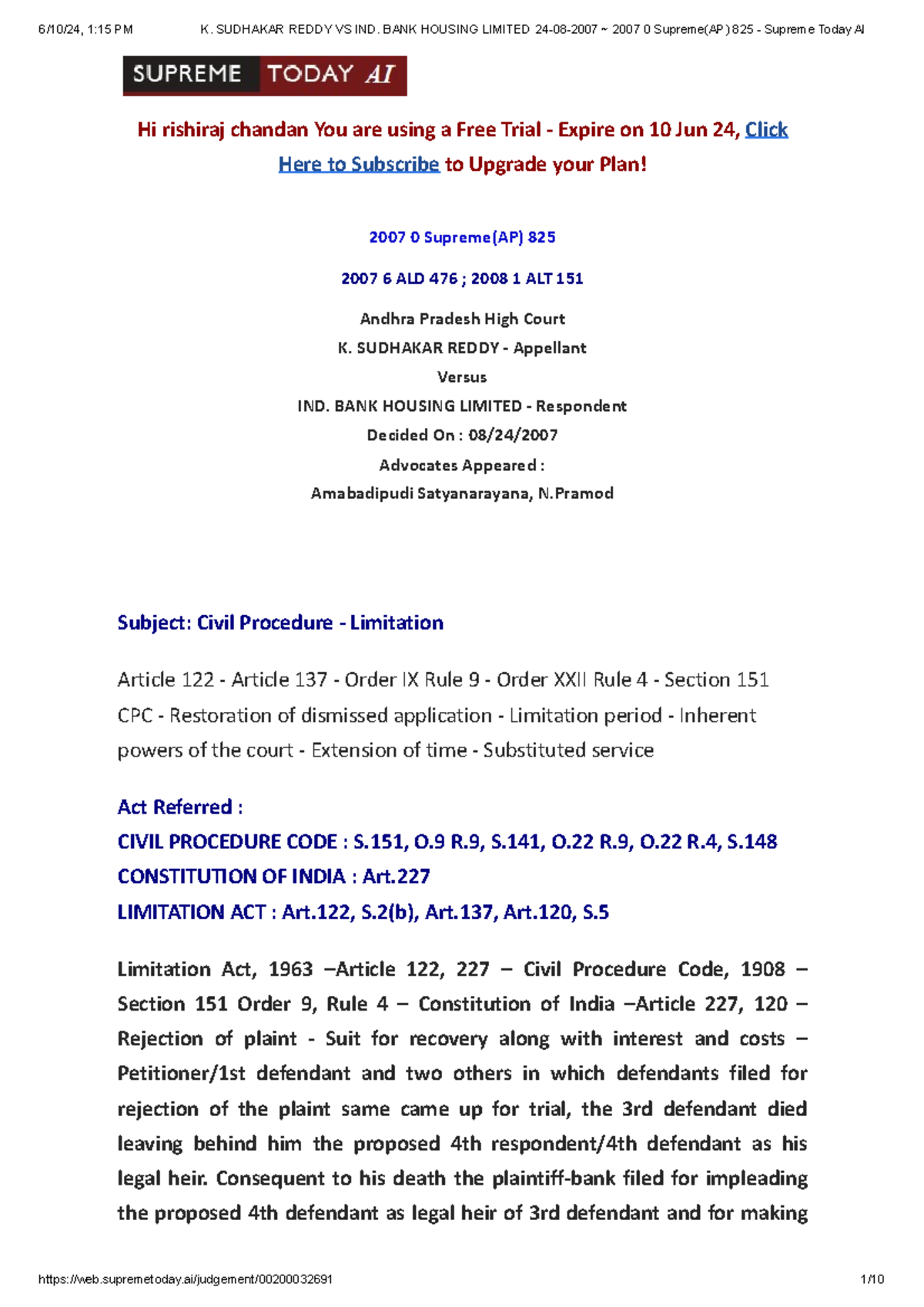 Supreme Today AI - Hi rishiraj chandan You are using a Free Trial - Expire on 10 Jun 24, Click ...