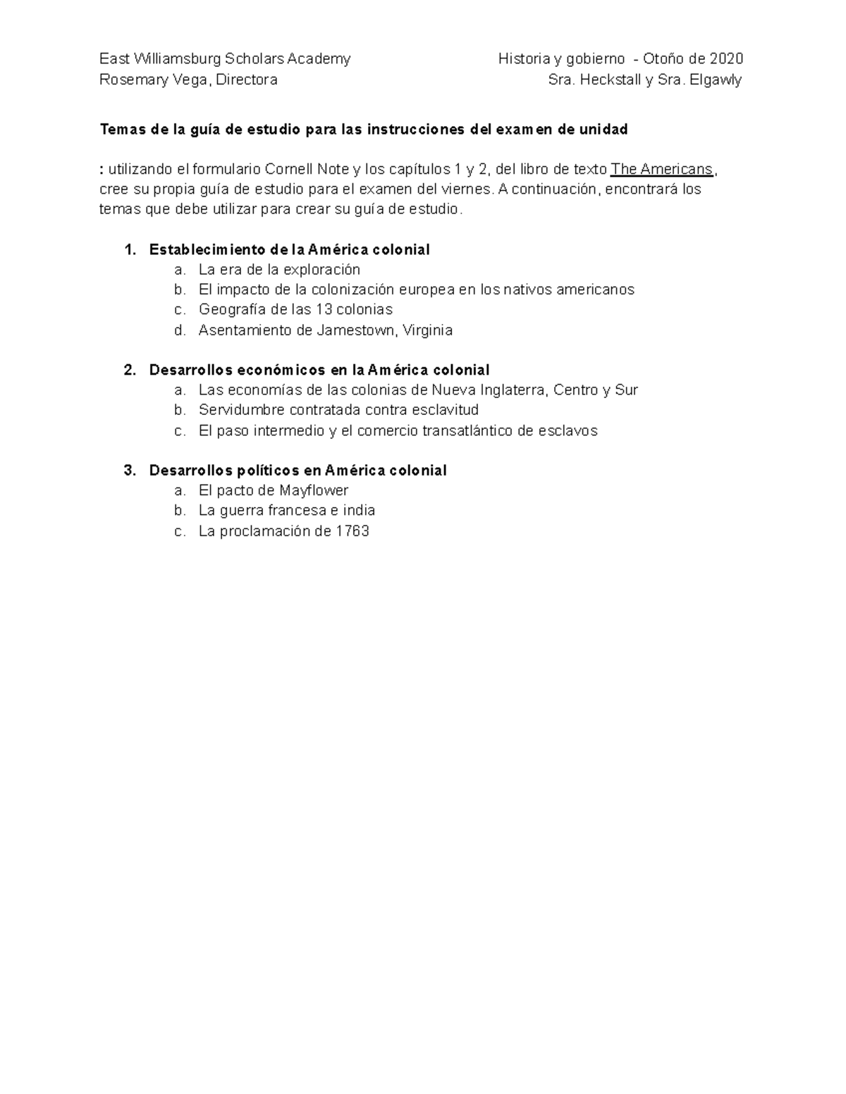 Hezekiah Dawkins - ( Spanish)) Study Guide Topics for Unit Exam - East ...