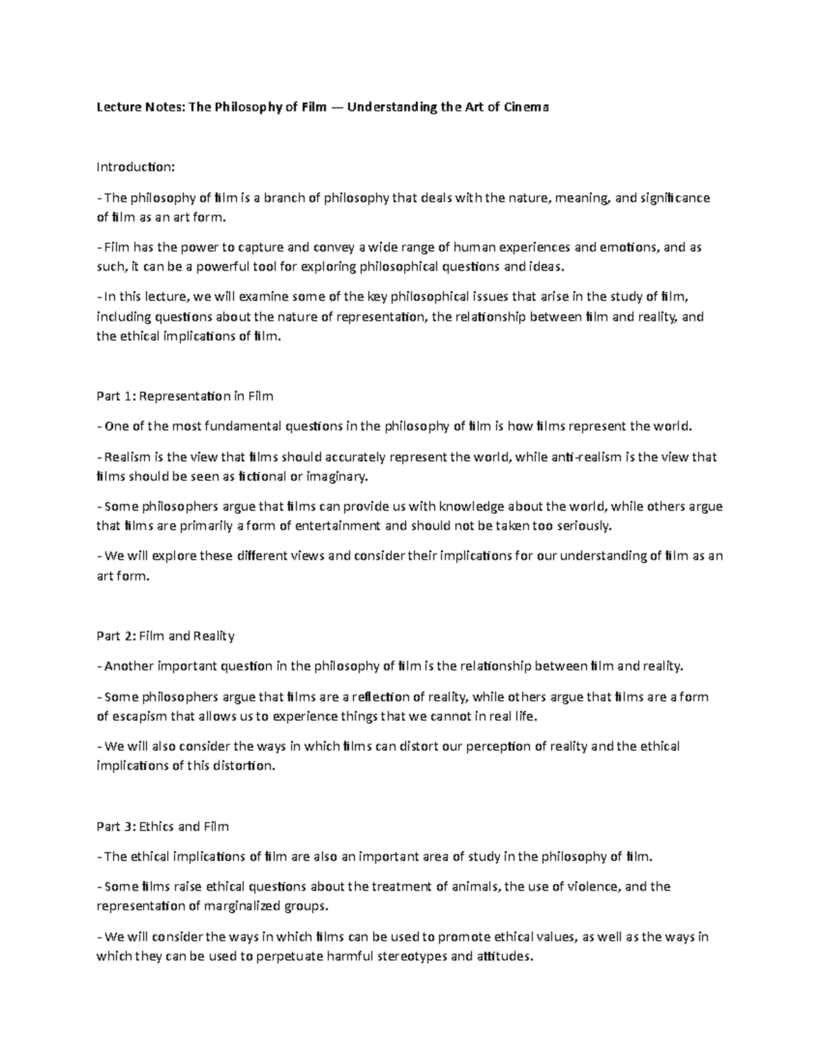 Lecture Notes: The Philosophy of Film — Understanding the Art of Cinema ...