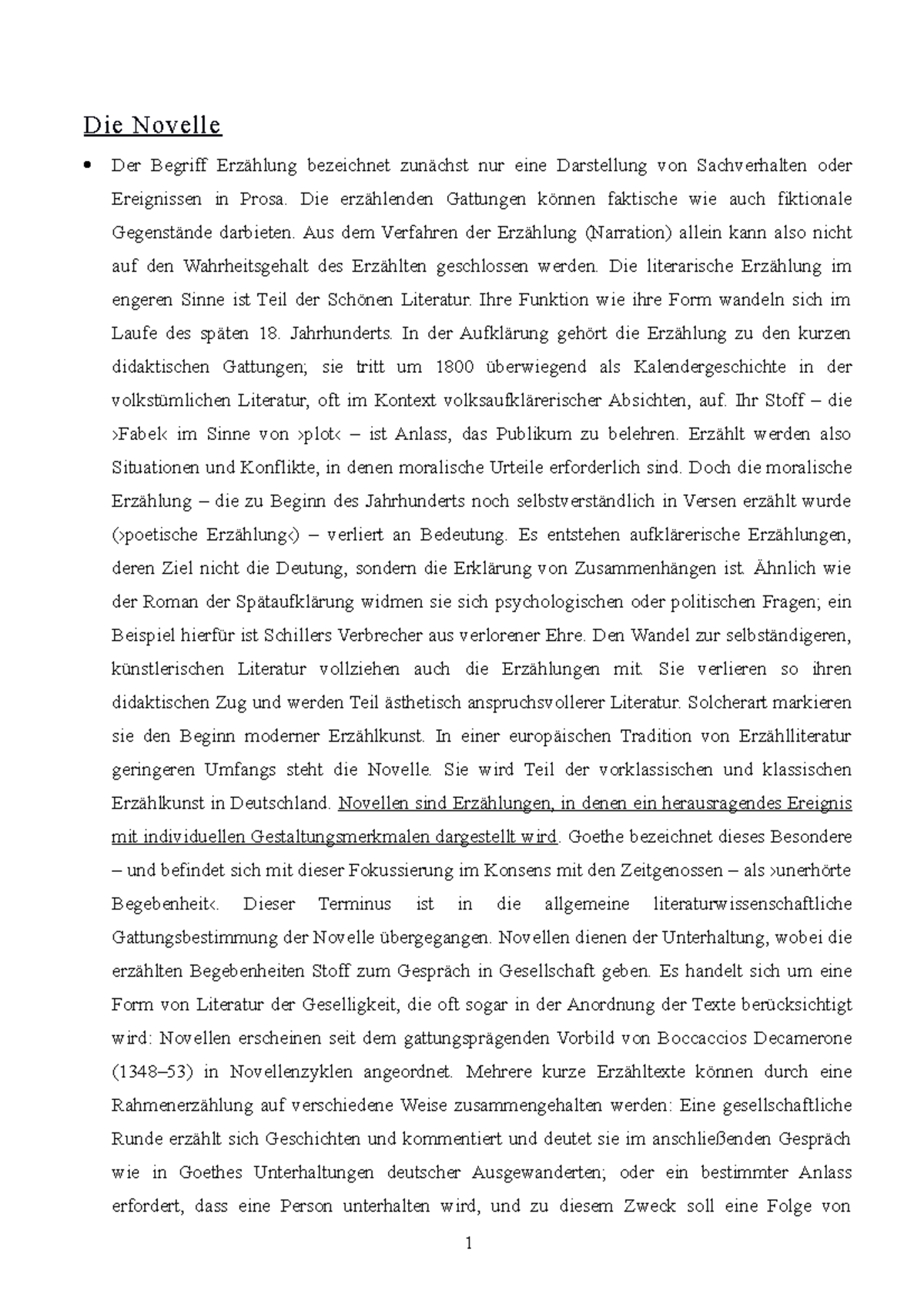 Novelle als Gattung - Die Novelle Der Begriff Erzählung bezeichnet ...
