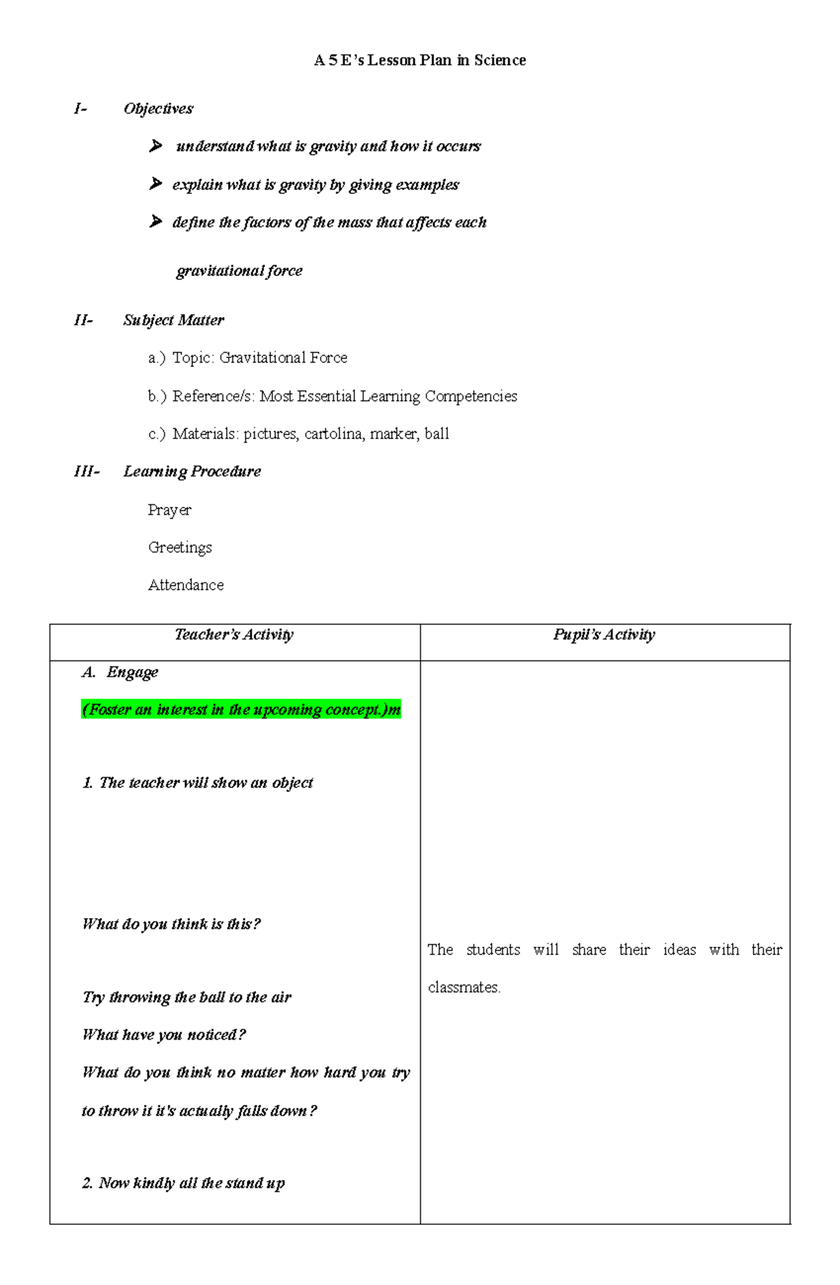 5E's Lesson PLAN ( Perez) - A 5 E’s Lesson Plan in Science I ...