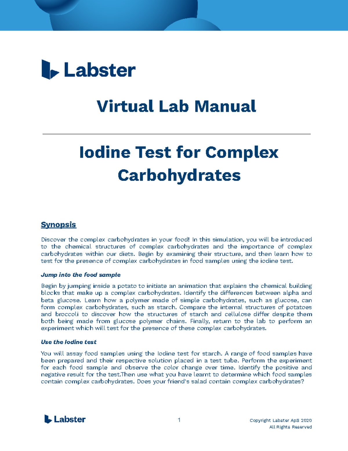 IF2 Iodine Test for Complex Carbohydrates Lab Manual - Virtual Lab ...