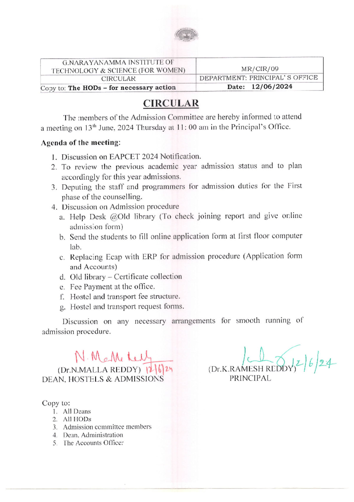 Admission Committee Meeting - G INSTITUTE OF TECHNOLOGY SCIENCE (FOR ...