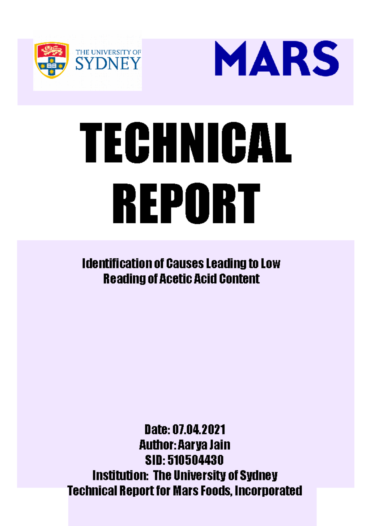 Technical Report - BPMEDSCI2000 - USyd - Studocu