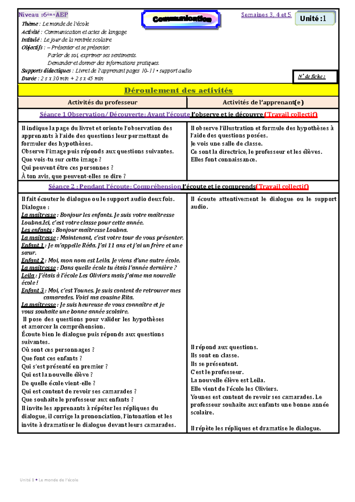 Fiches 6 mes apprentissages 2019 www - Unité 1 • Le monde de l’école ...