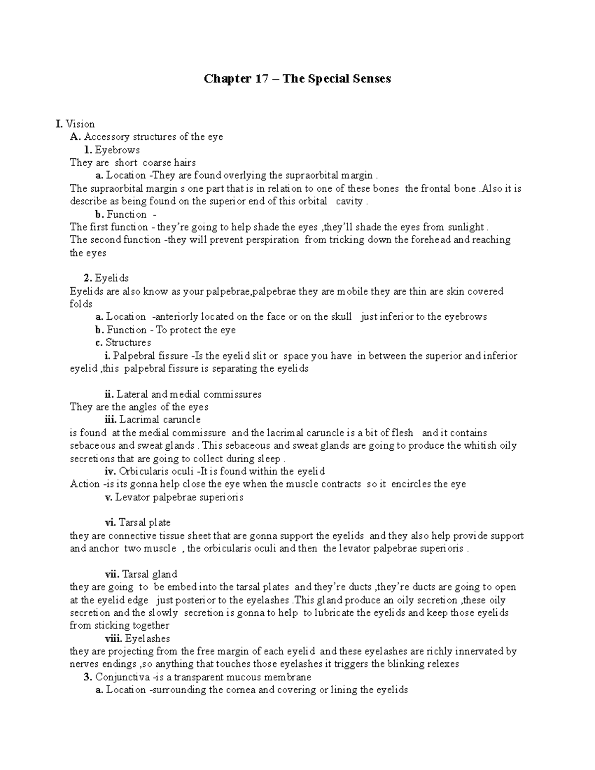Chapter 17 notes - Chapter 17 – The Special Senses I. Vision A ...