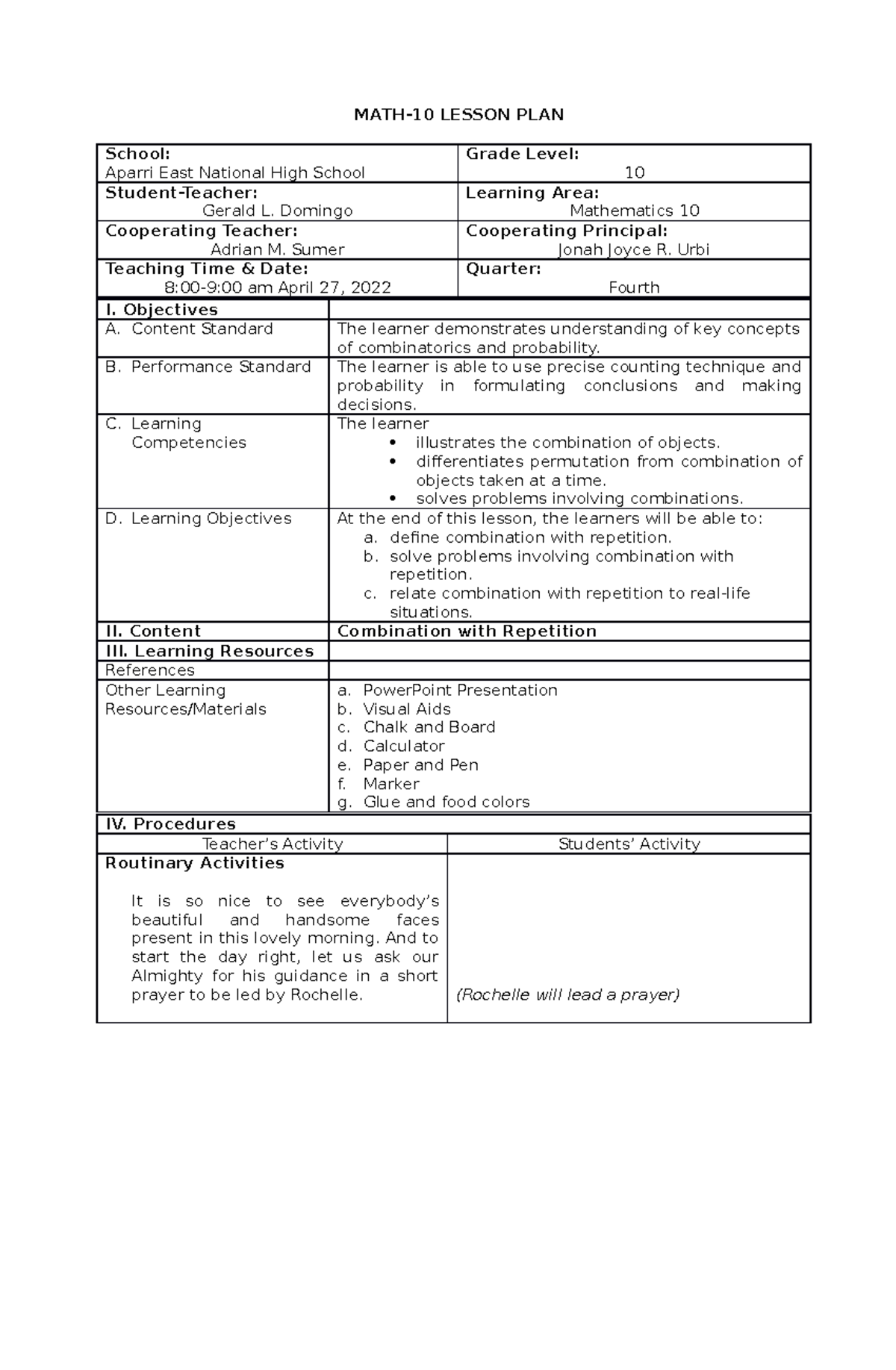 Combination with repetition lesson plan - MATH-10 LESSON PLAN School ...