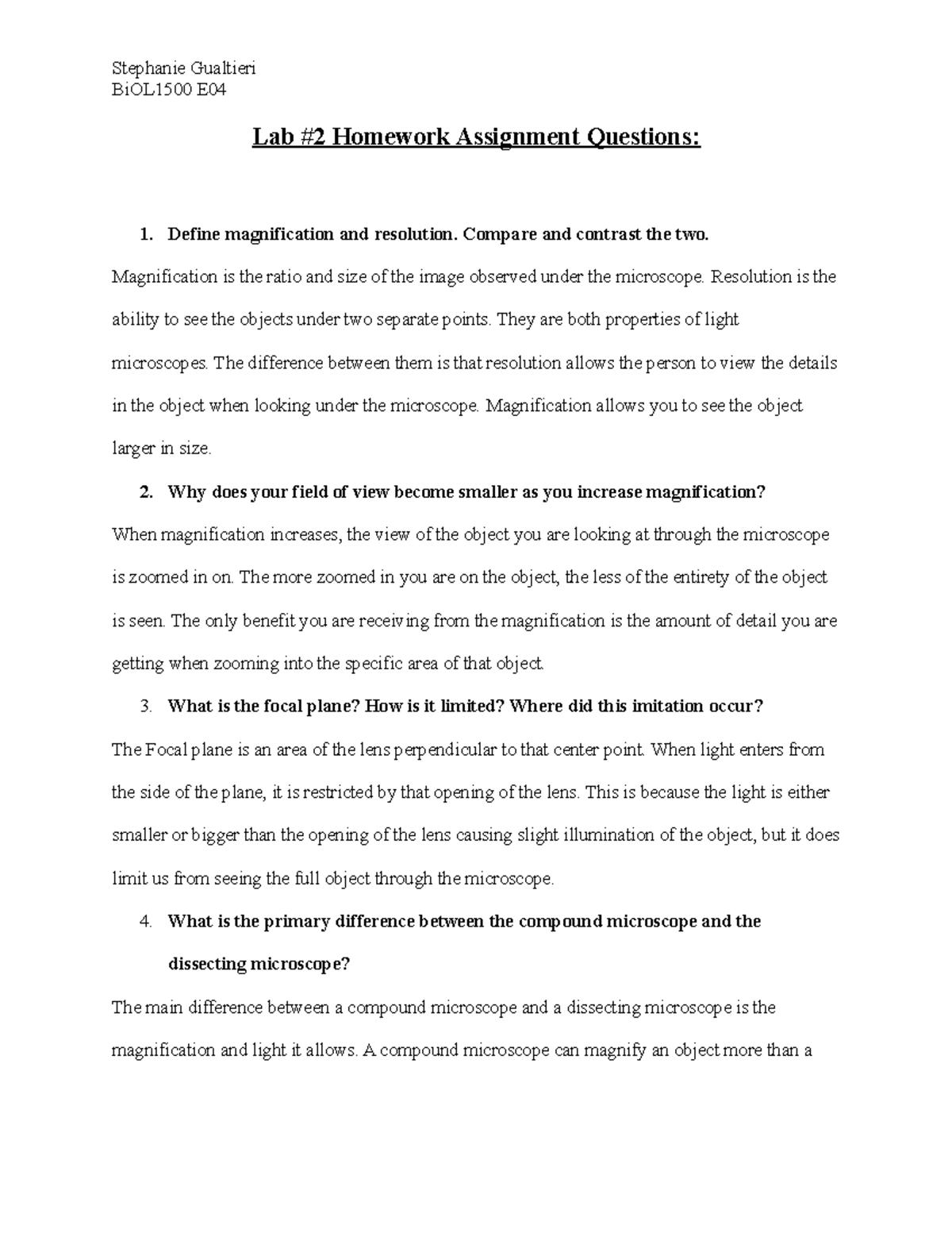 Microscopy Lab 2 - homework - Stephanie Gualtieri BiOL1500 E Lab #2 ...