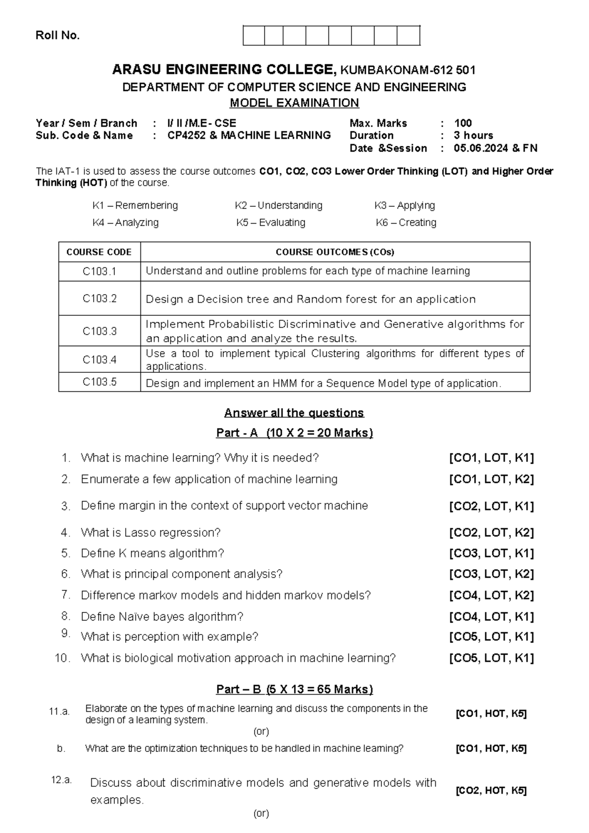 Model-ML EXAM - Roll No. ARASU ENGINEERING COLLEGE, KUMBAKONAM-612 501 ...
