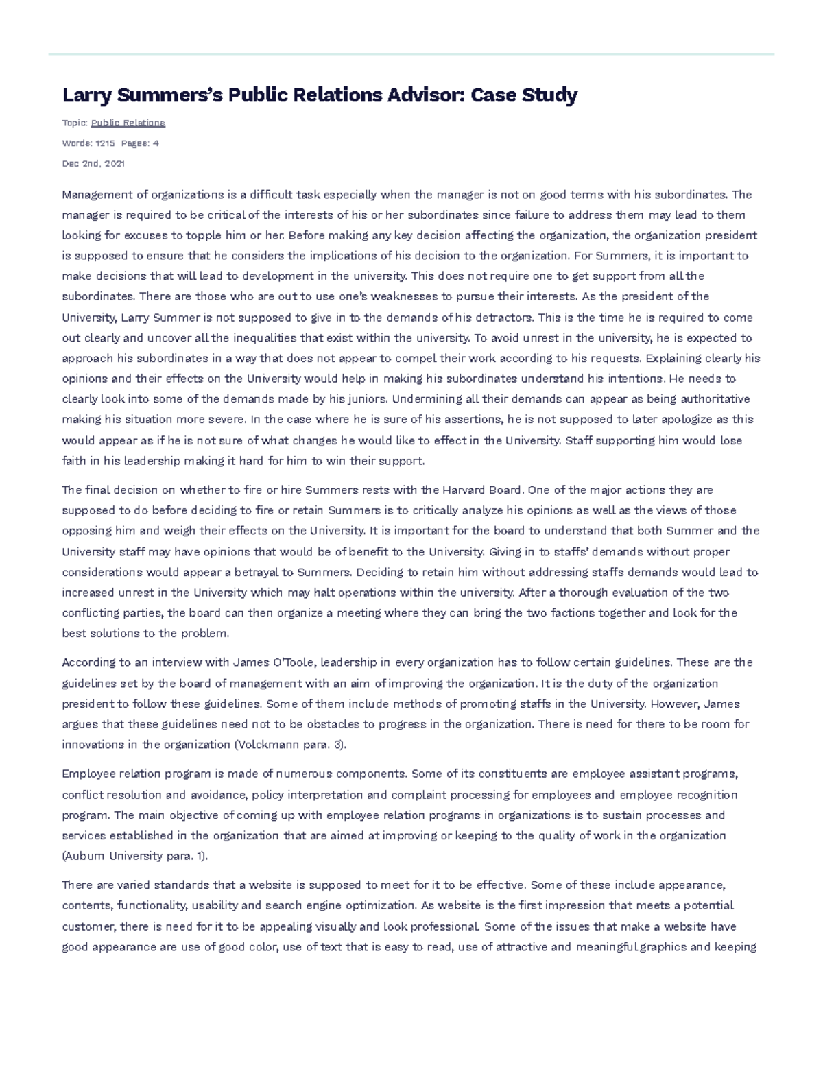 Larry Summers's Public Relations Advisor- Case Study Free Essay Example ...