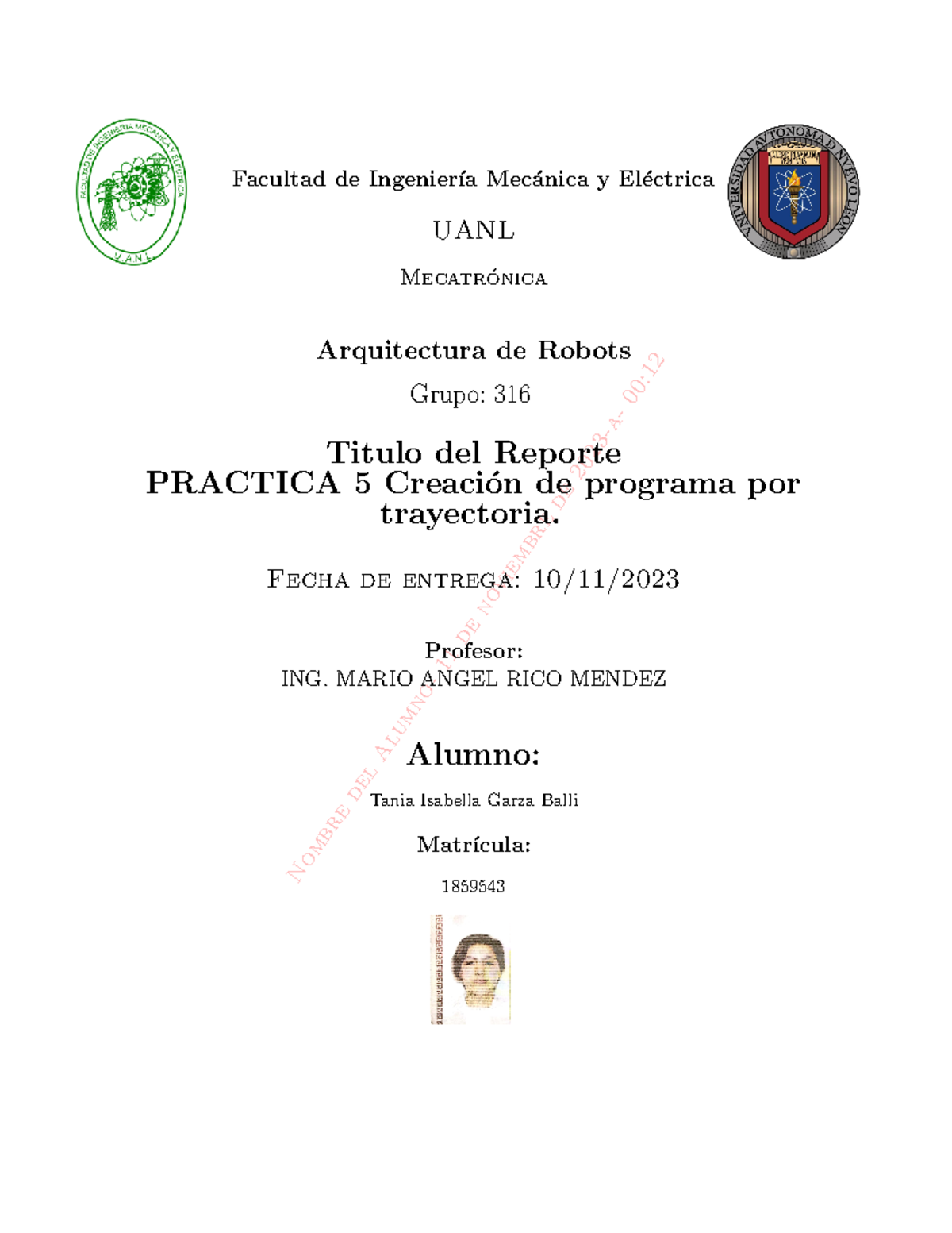 Pract 5 TRAYECTORIA Script - Nombre del Alumno- 11 de noviembre de 2023-a- 00: Facultad de ...
