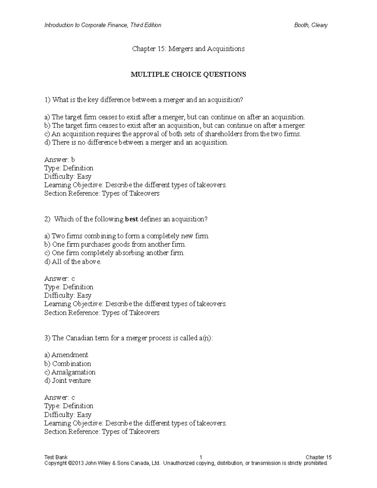 MOS1023 - Chapter 15 Test Bank - 2019 - Chapter 15: Mergers and ...